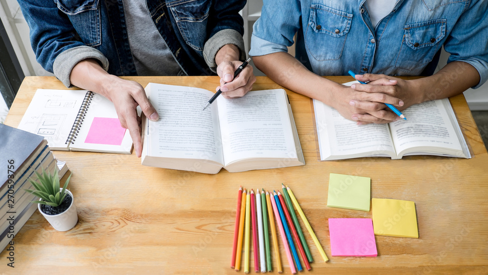 Education, teaching, learning concept. High school students or ...