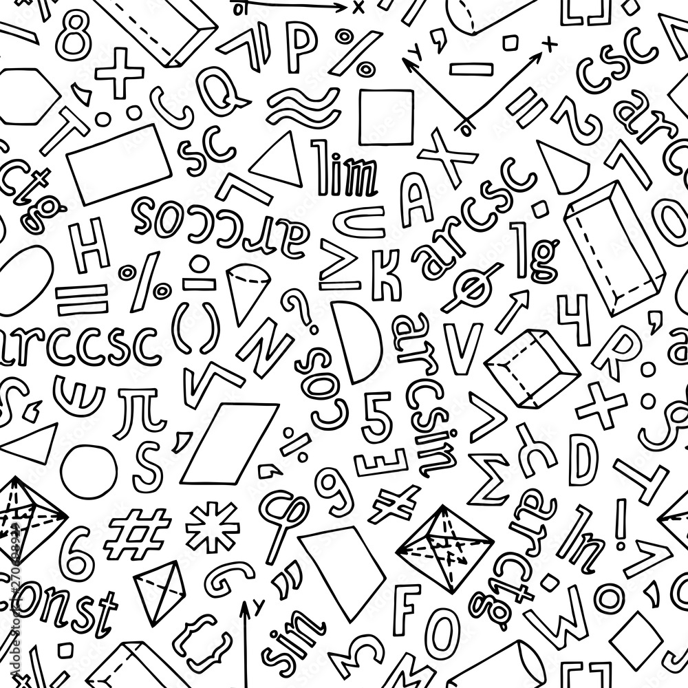 School math signs and symbols seamless pattern. Hand drawn figures ...