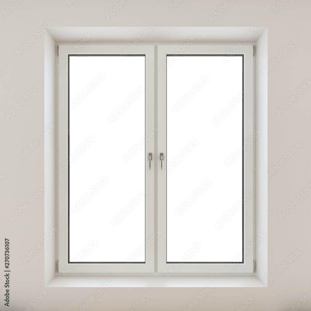 White plastic double door window isolated on white wall, 3d rendering ...