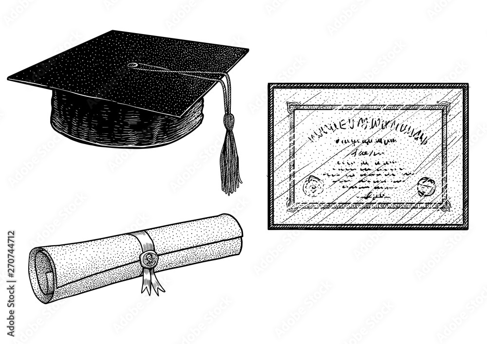 Graduation hat, degree, certificate illustration, drawing, engraving ...