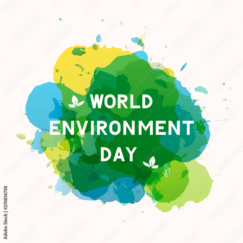 World Environment Day lettering with leaves on paint stains background ...