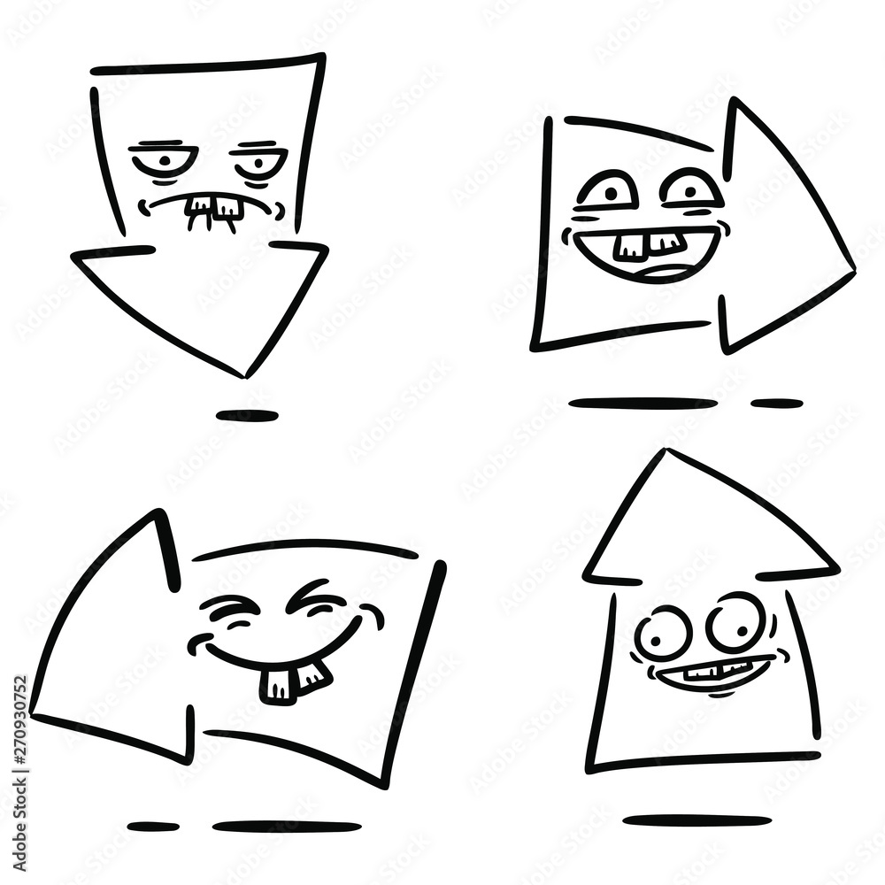 Set of cartoon doodle arrows. Cute arrows characters with funny faces ...