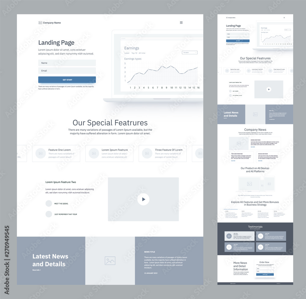 One page website design template for business. Landing page wireframe ...