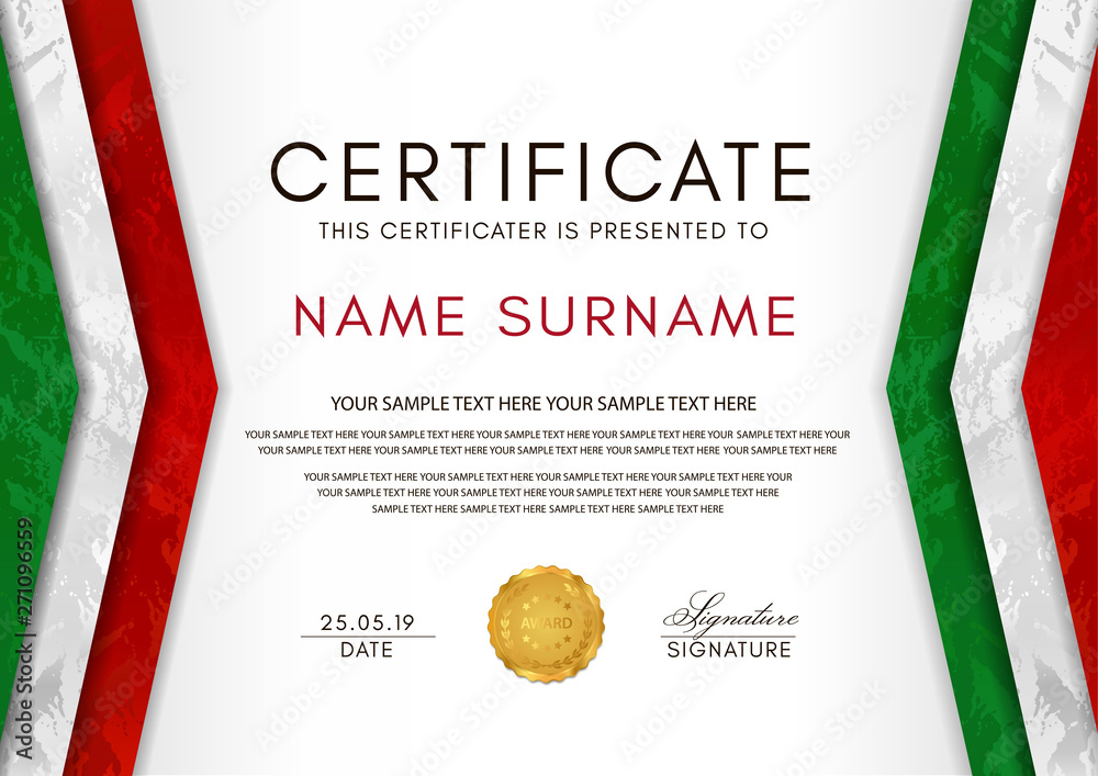 Certificate template with Italian flag (black, red, yellow colors ...