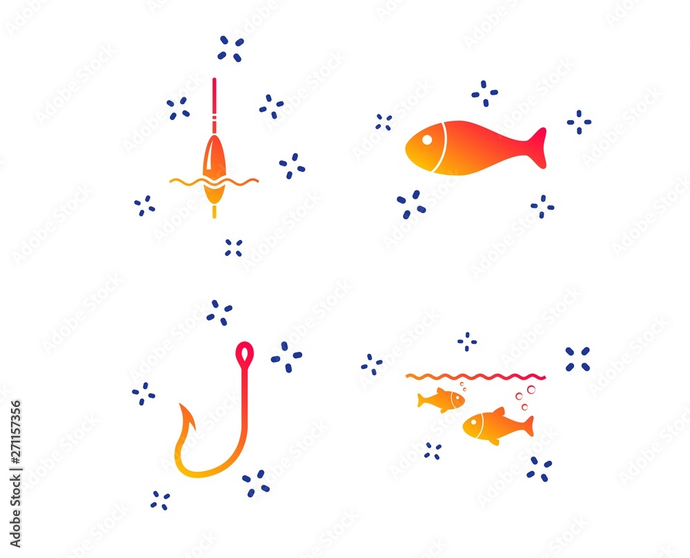 Fishing icons. Fish with fishermen hook sign. Float bobber symbol ...