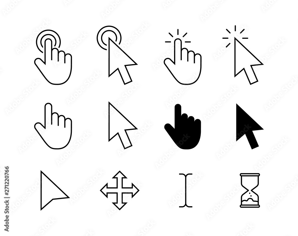 Computer mouse click cursor gray arrow icons set and loading icons. Cursor icon. Vector ...