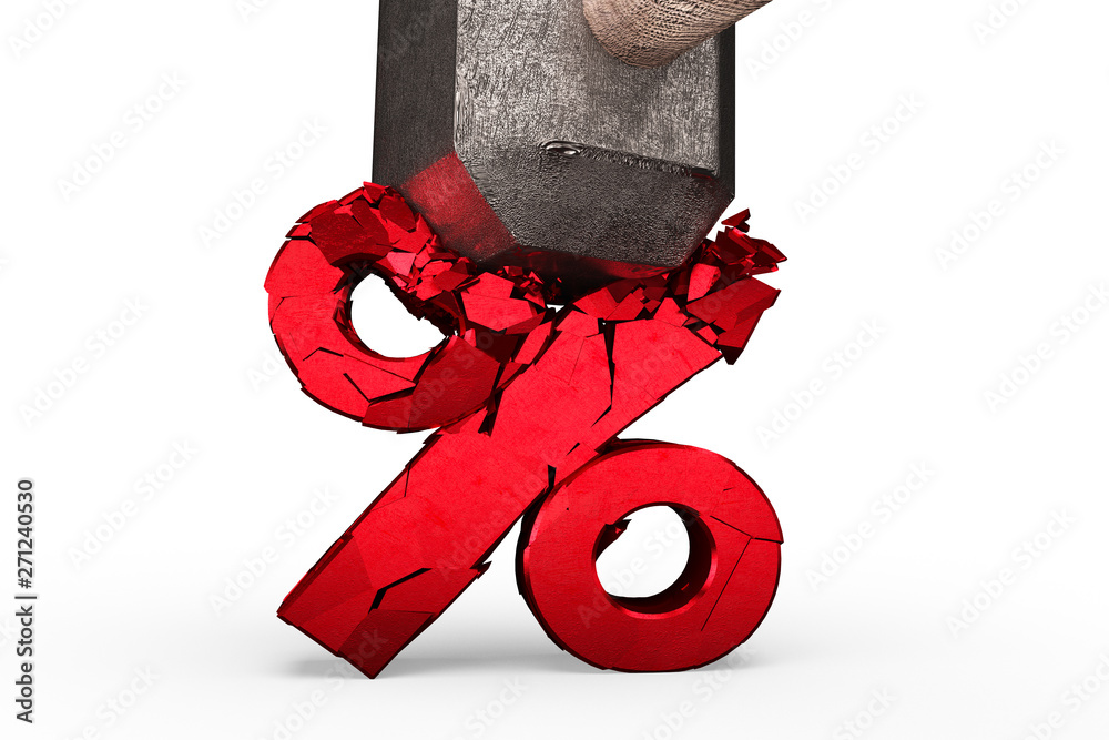 Sledgehammer smashing red percentage sign cracked, isolated on white ...