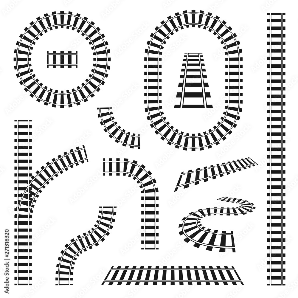 Set of railroad tracks in different shapes, straight and curves, turns ...