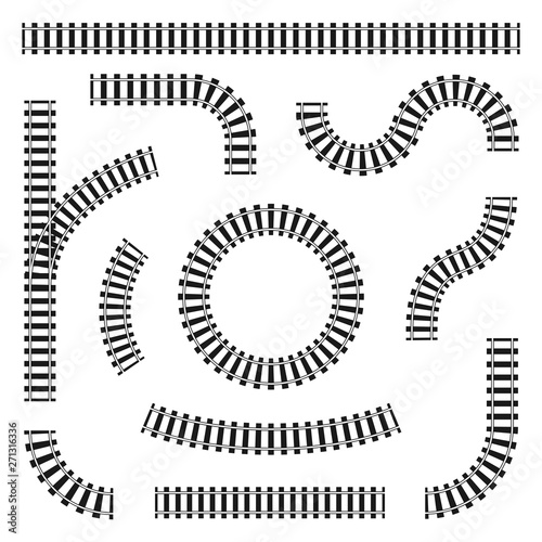 Set of railroad tracks in different shapes, straight and curves, turns ...