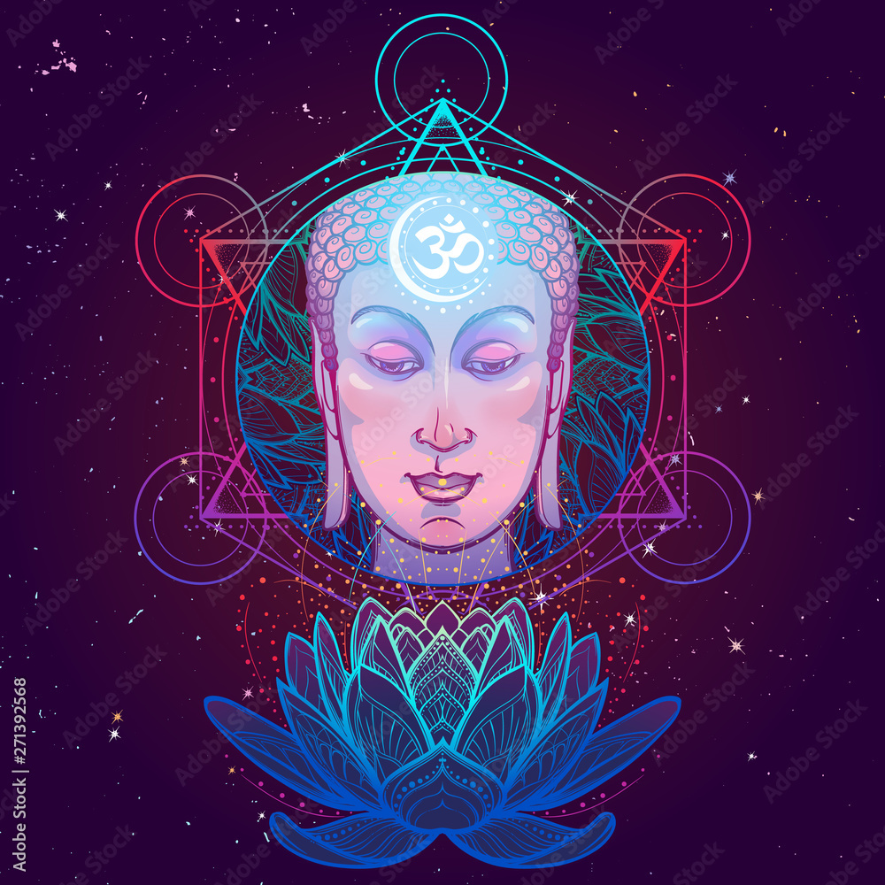 Buddha's head with a sacred om symbol glowing on his forehead. Anahata ...