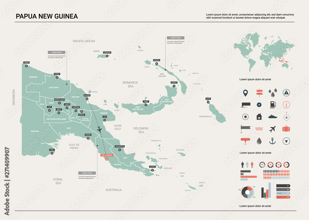 Vector map of Papua New Guinea. Country map with division, cities and ...
