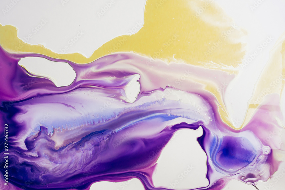 Liquid paper purple and yellow paint background. Fluid painting ...