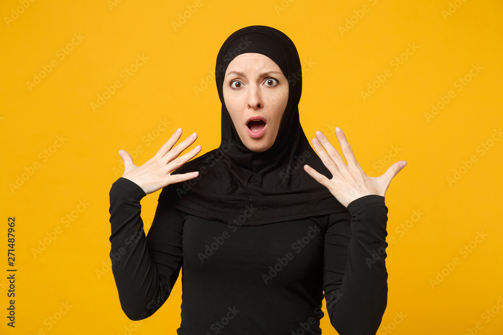 Sad upset crying confused young arabian muslim woman in hijab black ...