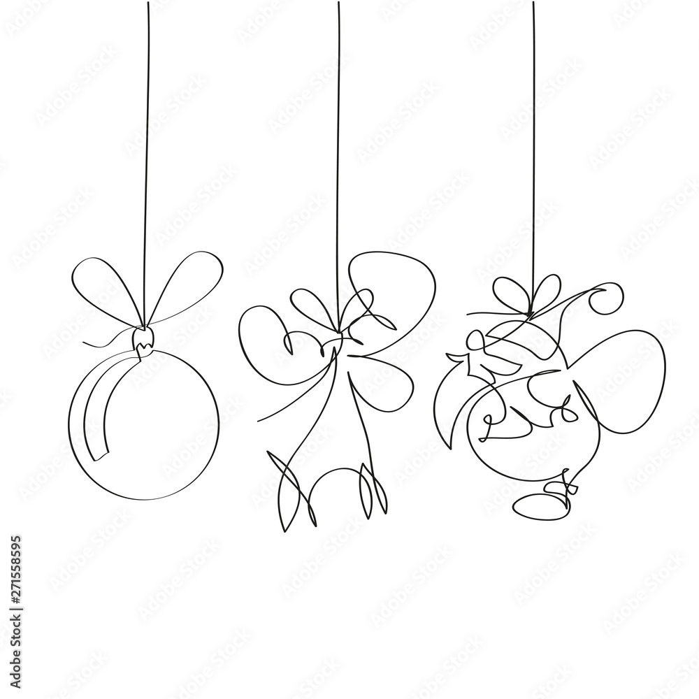 Vector de Stock Święty Mikołaj, renifer i bombka. Rysunek jedną linią ...