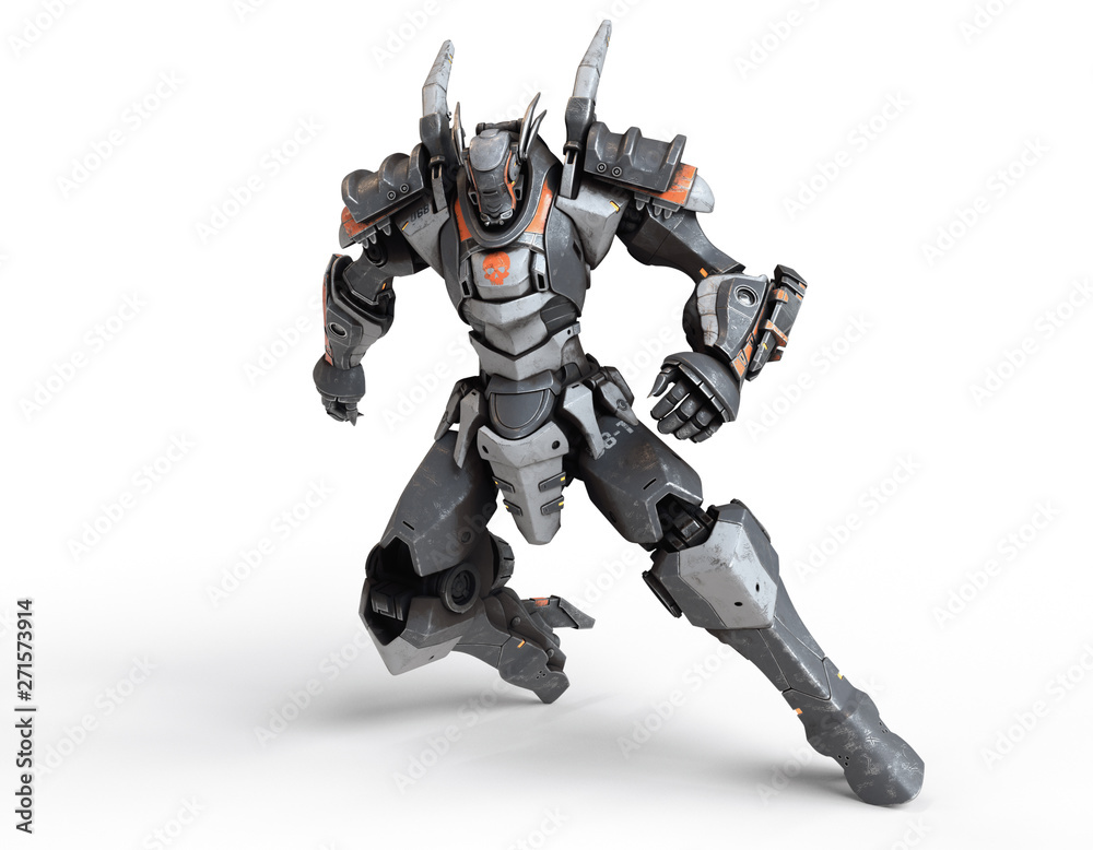 Sci-fi mech warrior clenched his hands into fists in fighting position ...
