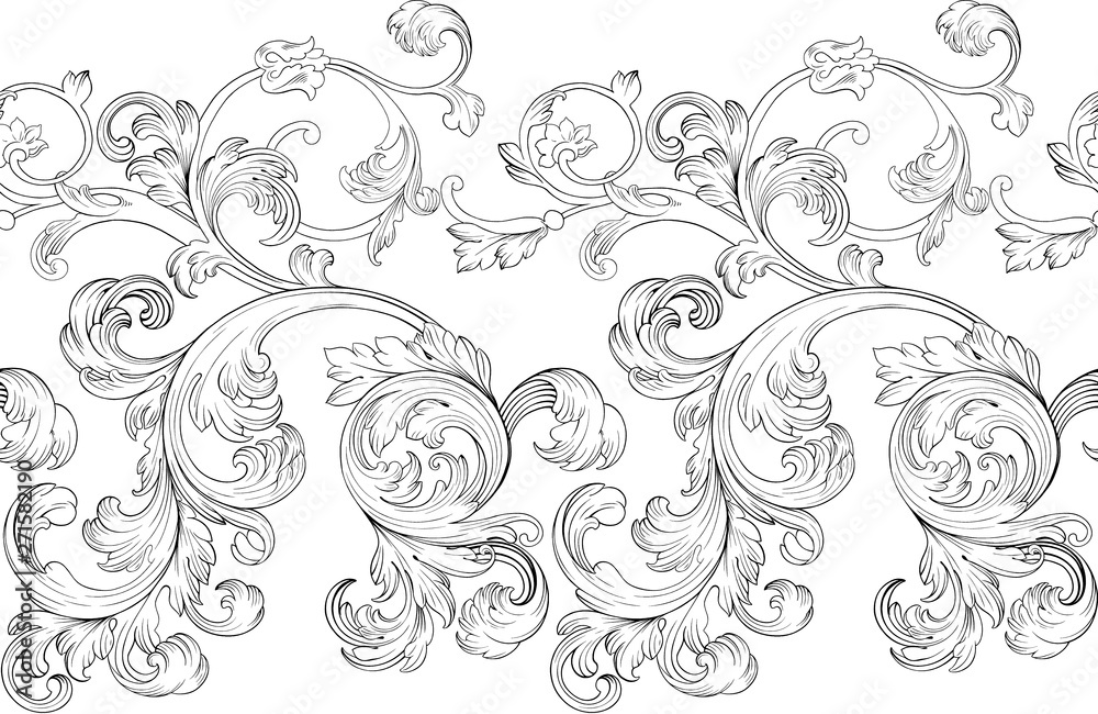 Baroque renaissance monogram floral ornament, leaf scroll engraving ...