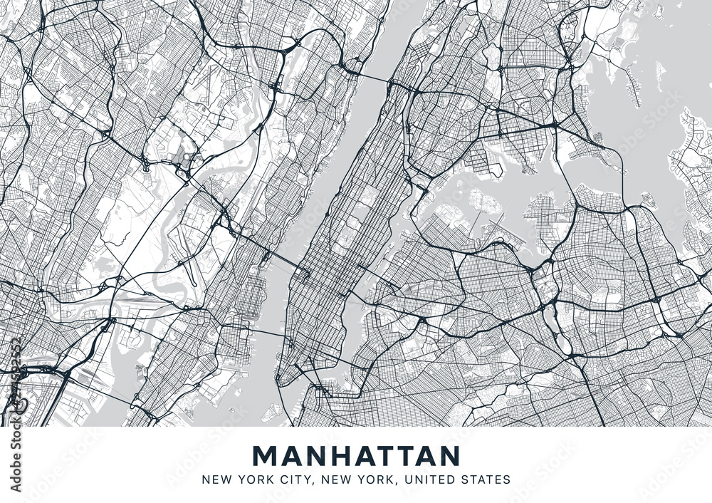 Manhattan map. Light poster with map of Manhattan borough (New York ...