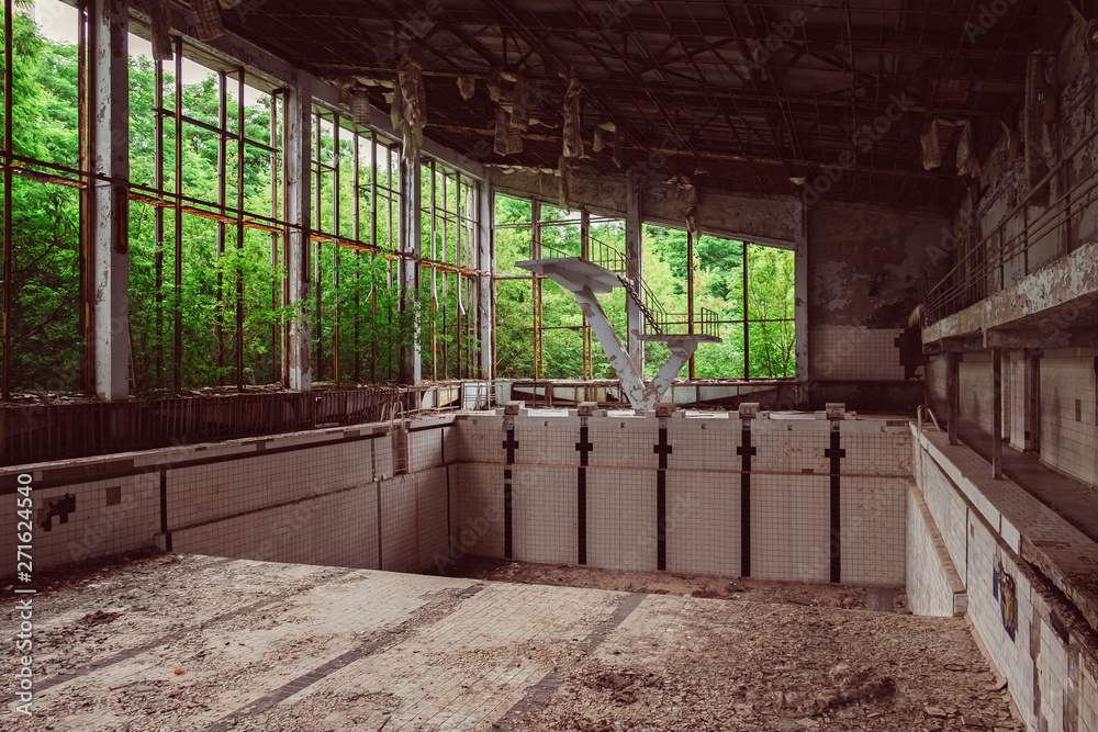Old empty school swimming pool in destroyed abandoned ghost city ...
