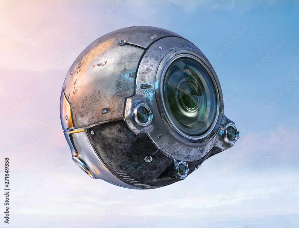 Robot spy bot drone with camera, flying, photographing, filming. Future ...