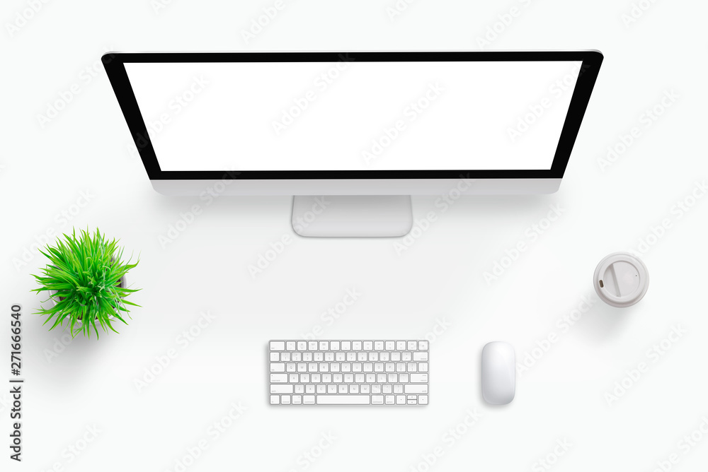 Top view scene of work desk. Computer display with isolated screen for ...