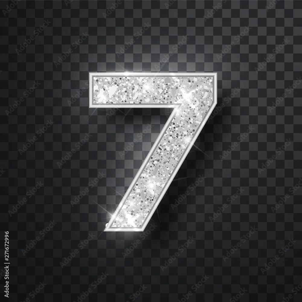 Silver glitter alphabet numbers 7 with shadow. Vector realistick ...