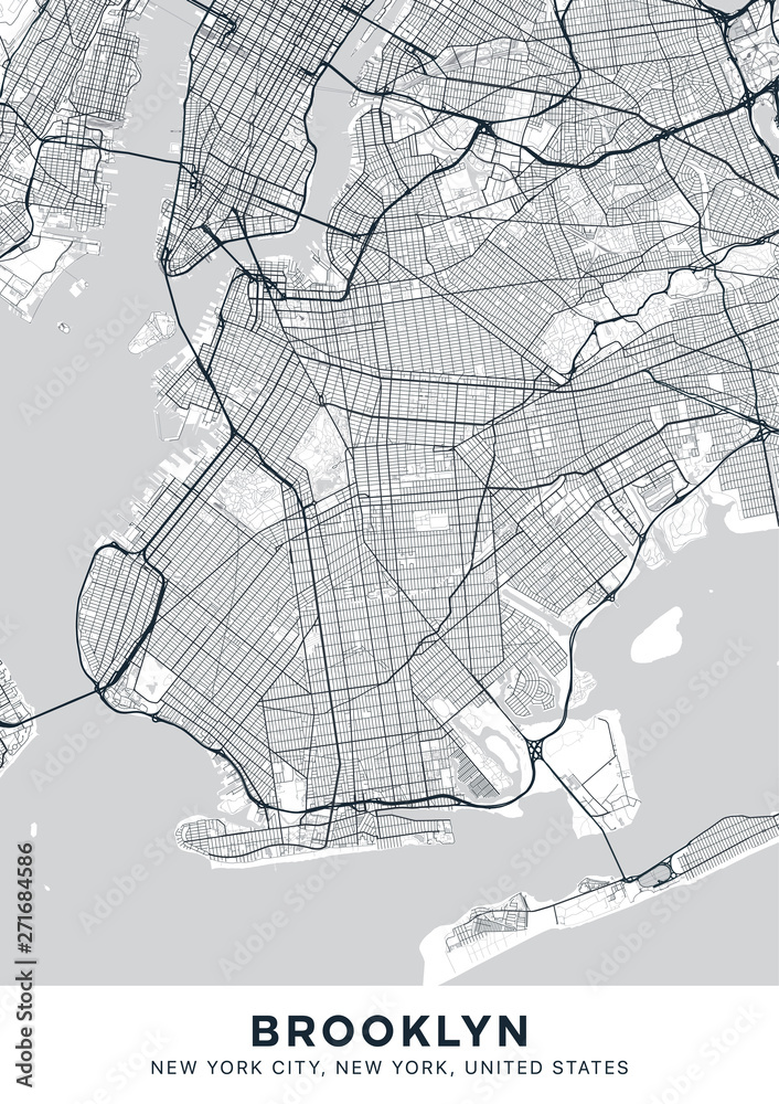 Brooklyn map. Light poster with map of Brooklyn borough (New York ...
