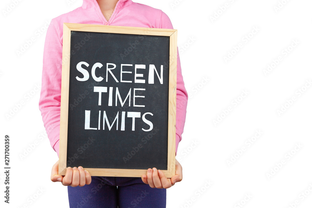 Screen time limits for children issue depicted with child holding ...