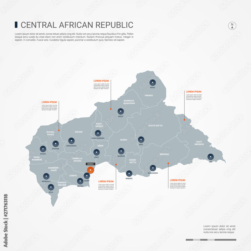 Central African Republic map with borders, cities, capital and ...