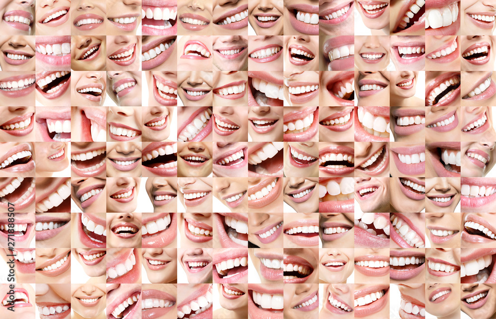 Laughing women and men with great teeth. Healthy beautiful male and ...