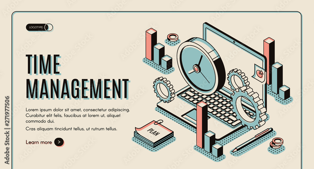 Time management landing page. Laptop with office gears and watches ...