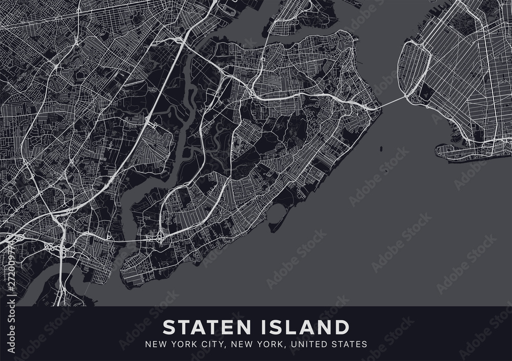 Staten Island map. Dark poster with map of Staten Island borough (New ...