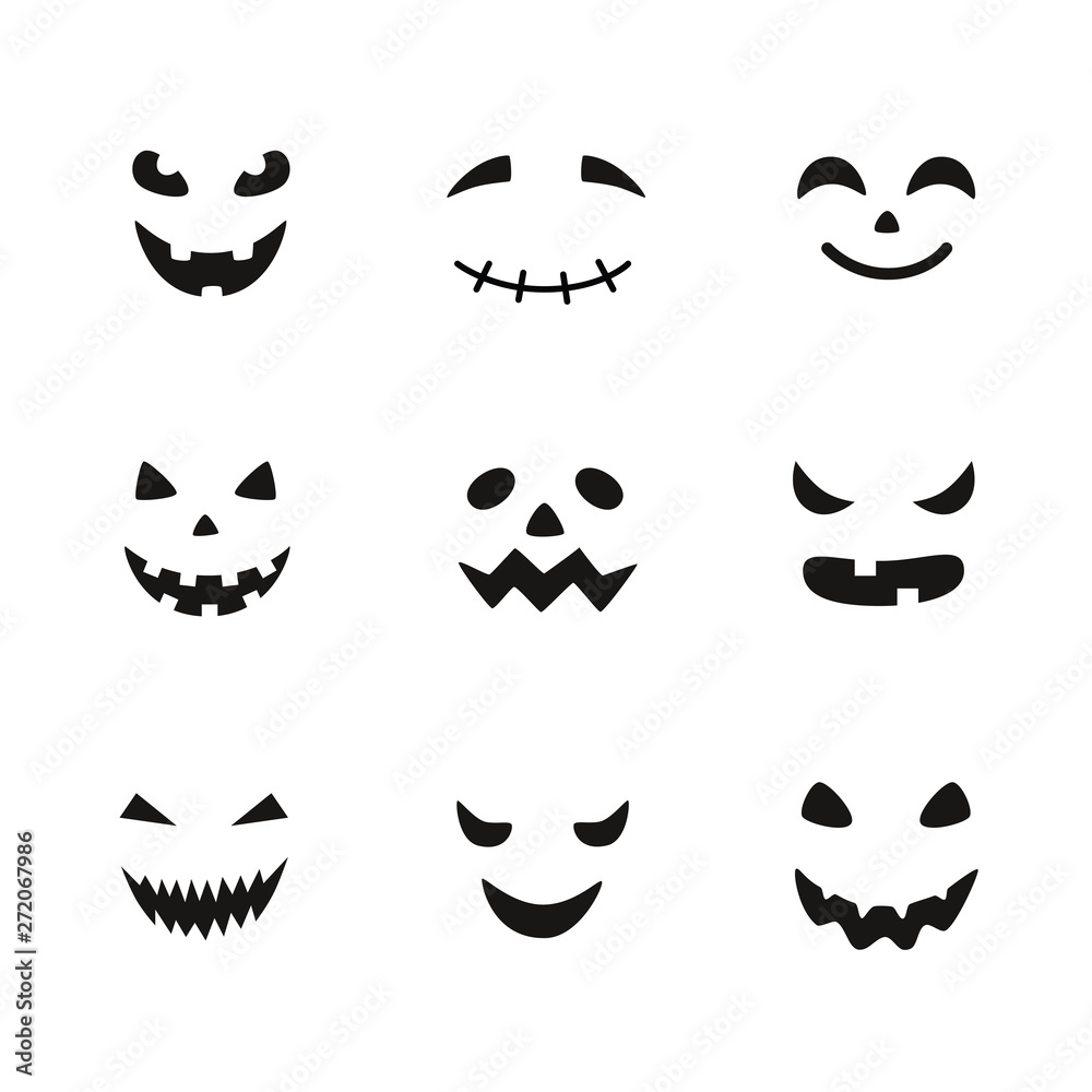 Collection of Halloween pumpkins carved faces silhouettes. Black and ...