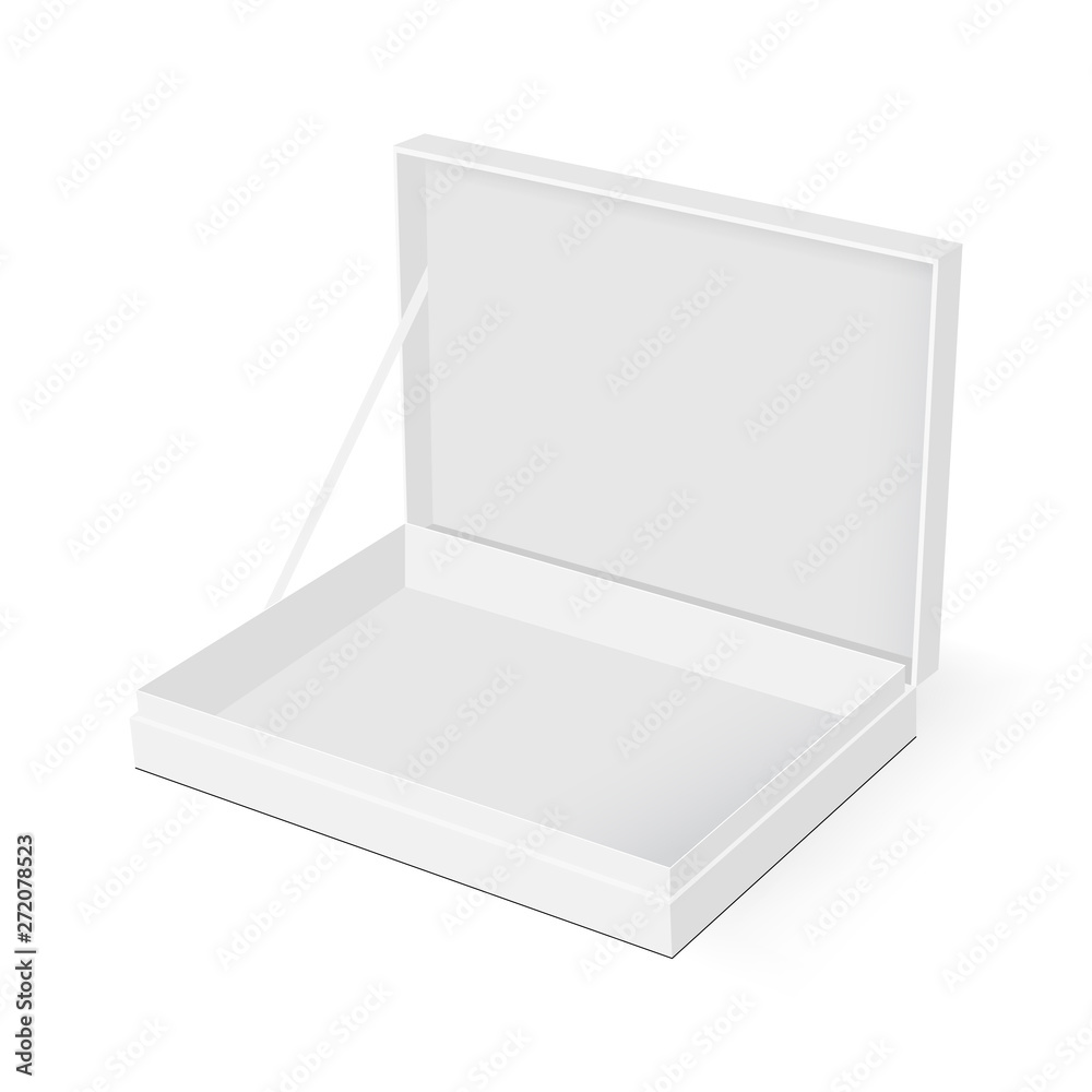 Blank rectangular box with opened lid mockup, isolated on white ...