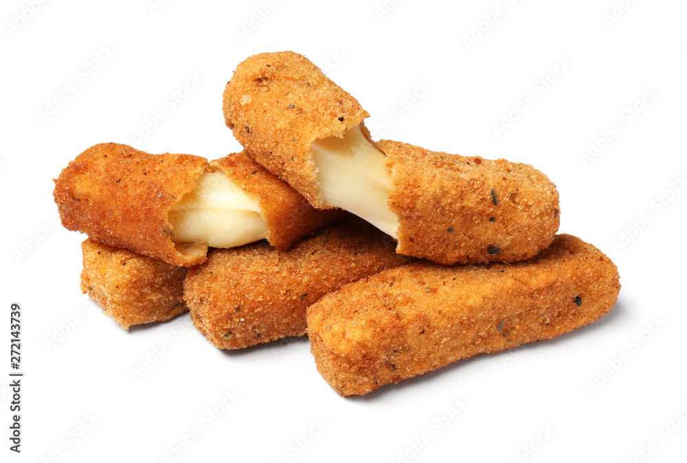 Pile of tasty cheese sticks isolated on white Stock Photo | Adobe Stock