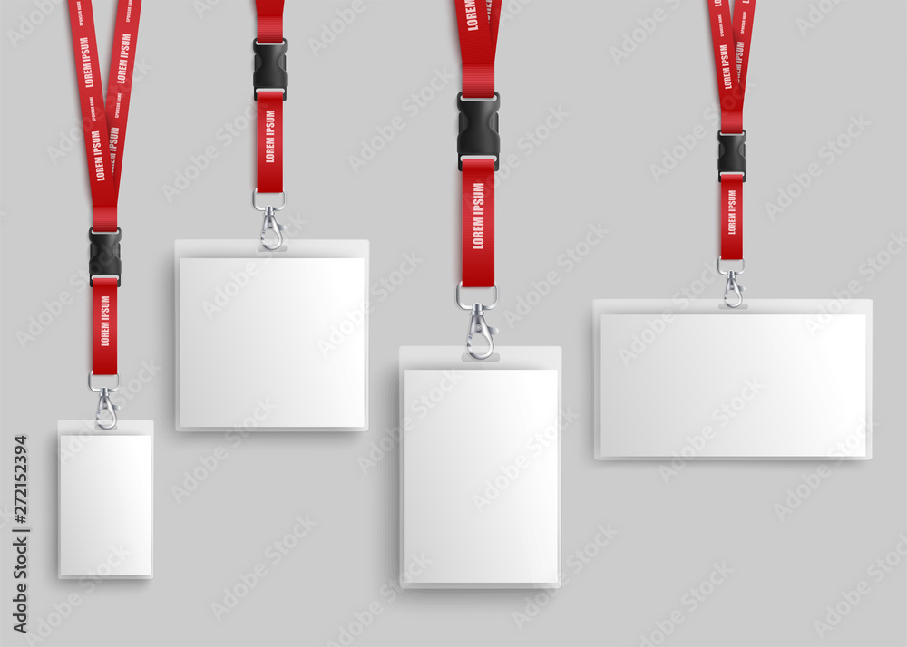Set of ID card badges on red straps - security access or corporate ...