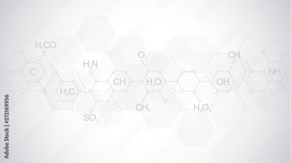 Abstract chemistry pattern on soft grey background with chemical ...