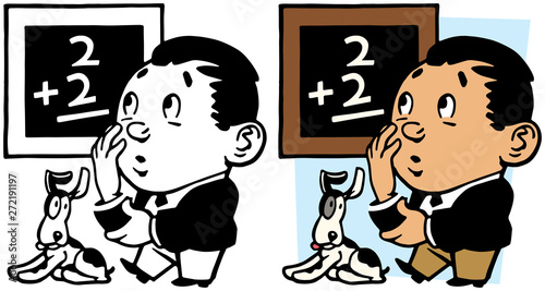 A man tries to solve a simple math problem on a chalkboard. Stock ...