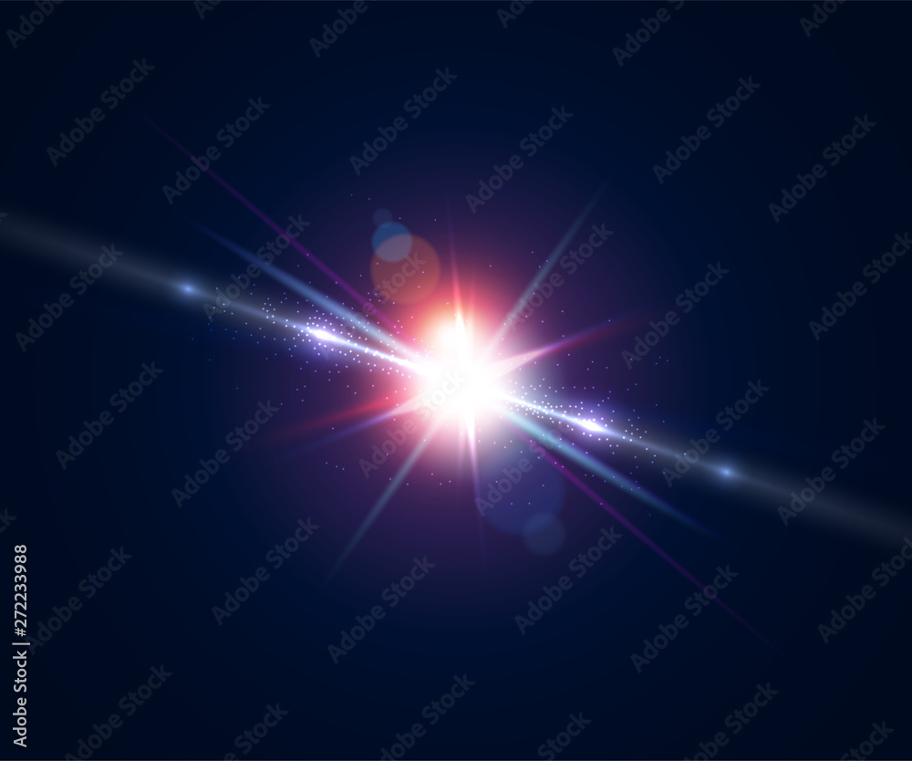 Glowing flash. Beautiful glare effect with bokeh, glitter particles and rays. Sparkling light ...