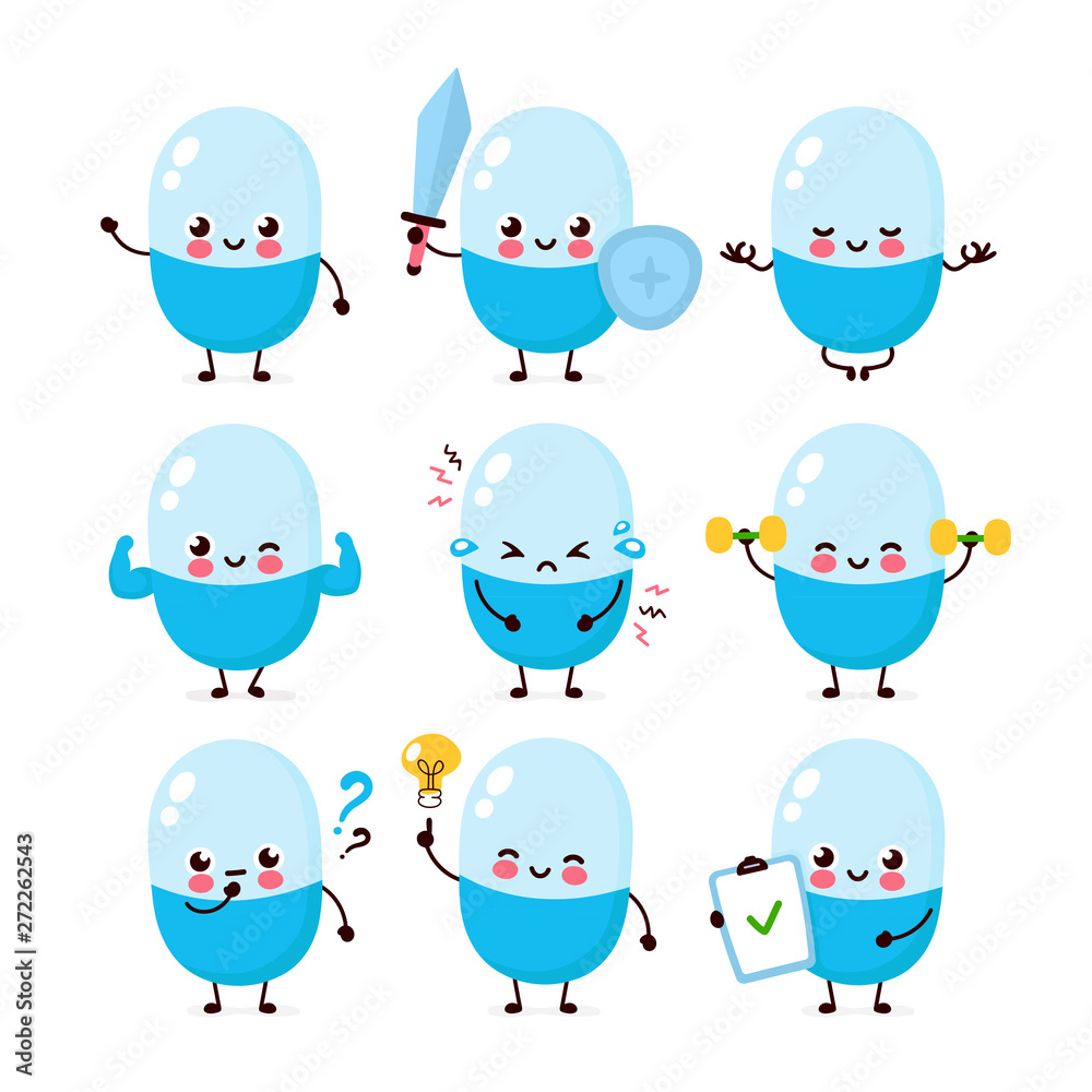 Cute happy pill character set collection Stock Vector | Adobe Stock
