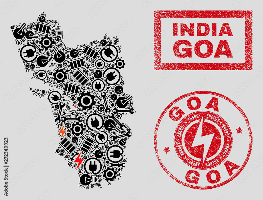 Composition of mosaic power supply Goa State map and grunge watermarks ...
