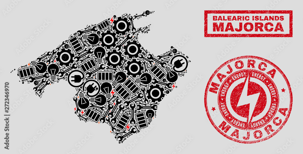 Composition of mosaic power supply Majorca map and grunge watermarks ...