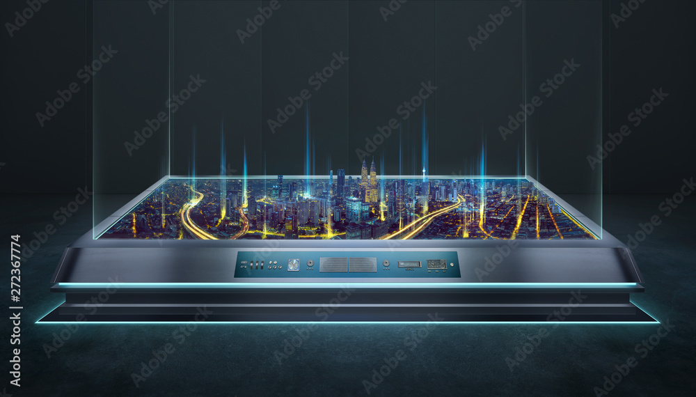 Virtual display smart city with network light came out from the ground ...