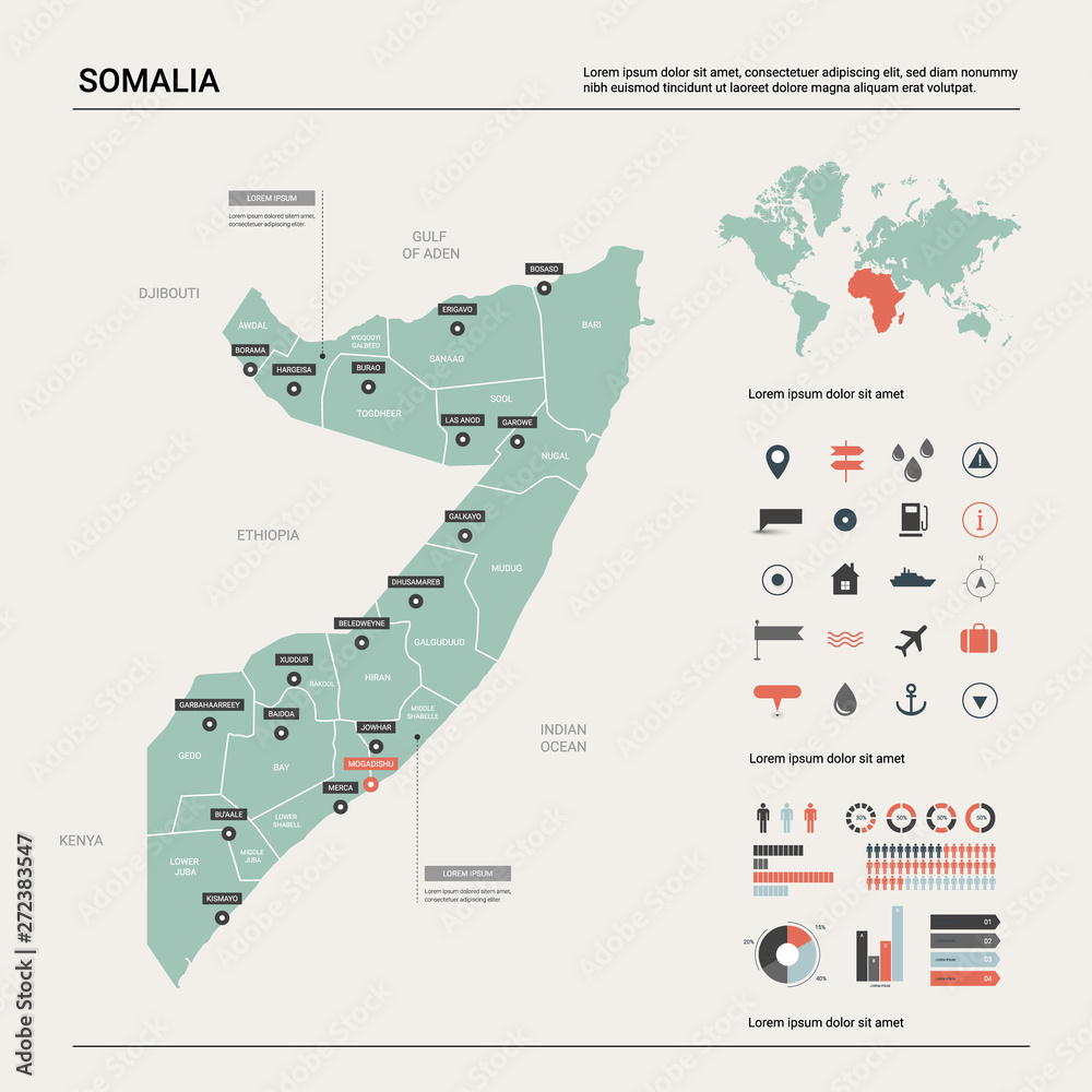 Vector map of Somalia. Country map with division, cities and capital ...