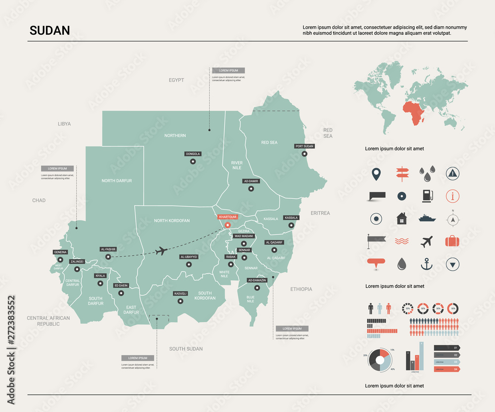 Vector map of Sudan. Country map with division, cities and capital ...