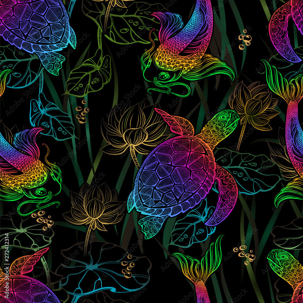 Koi carps, Lotus and sea turtle- Seamless pattern. Asian spiritual ...