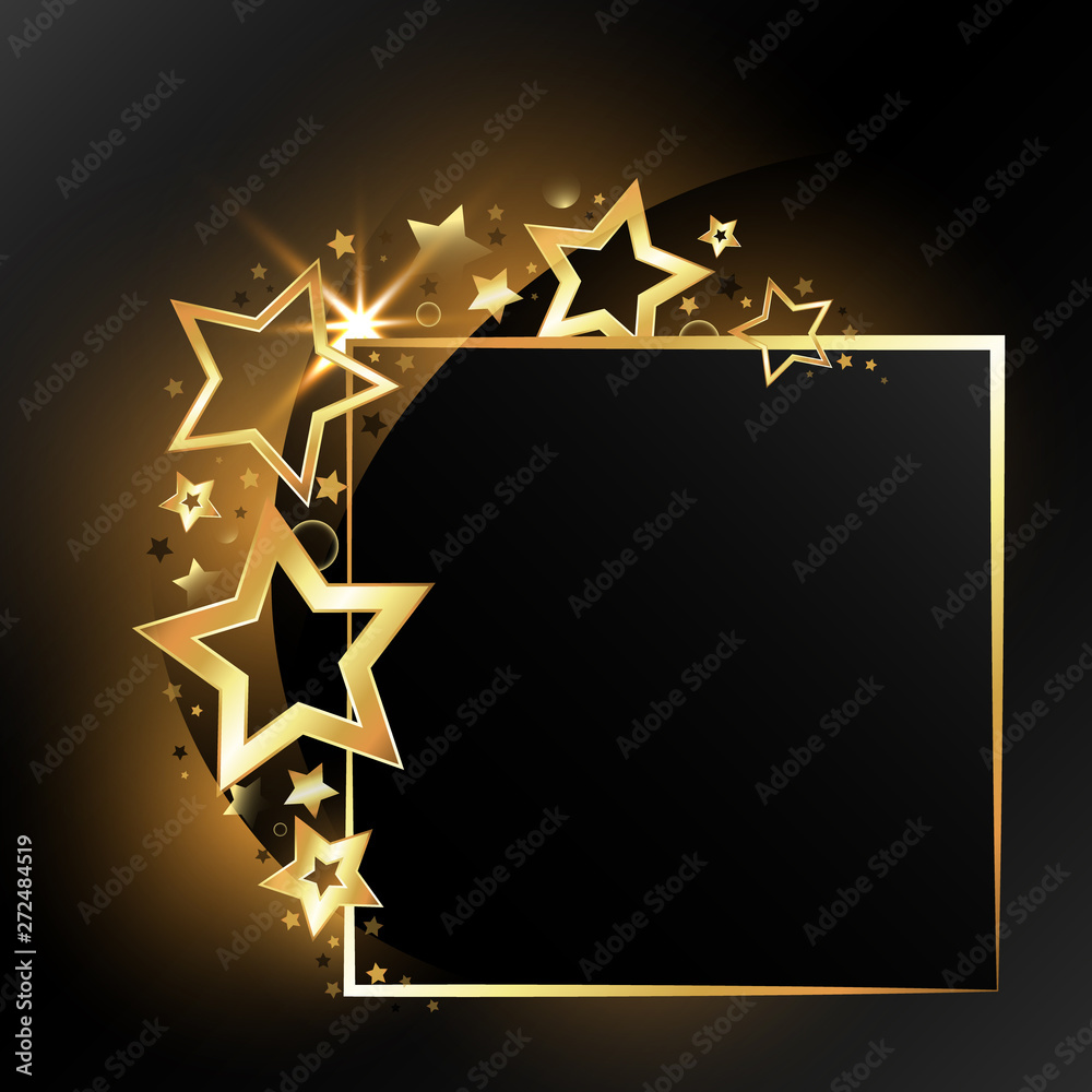 Festive golden frame with shiny beautiful stars on a black background ...
