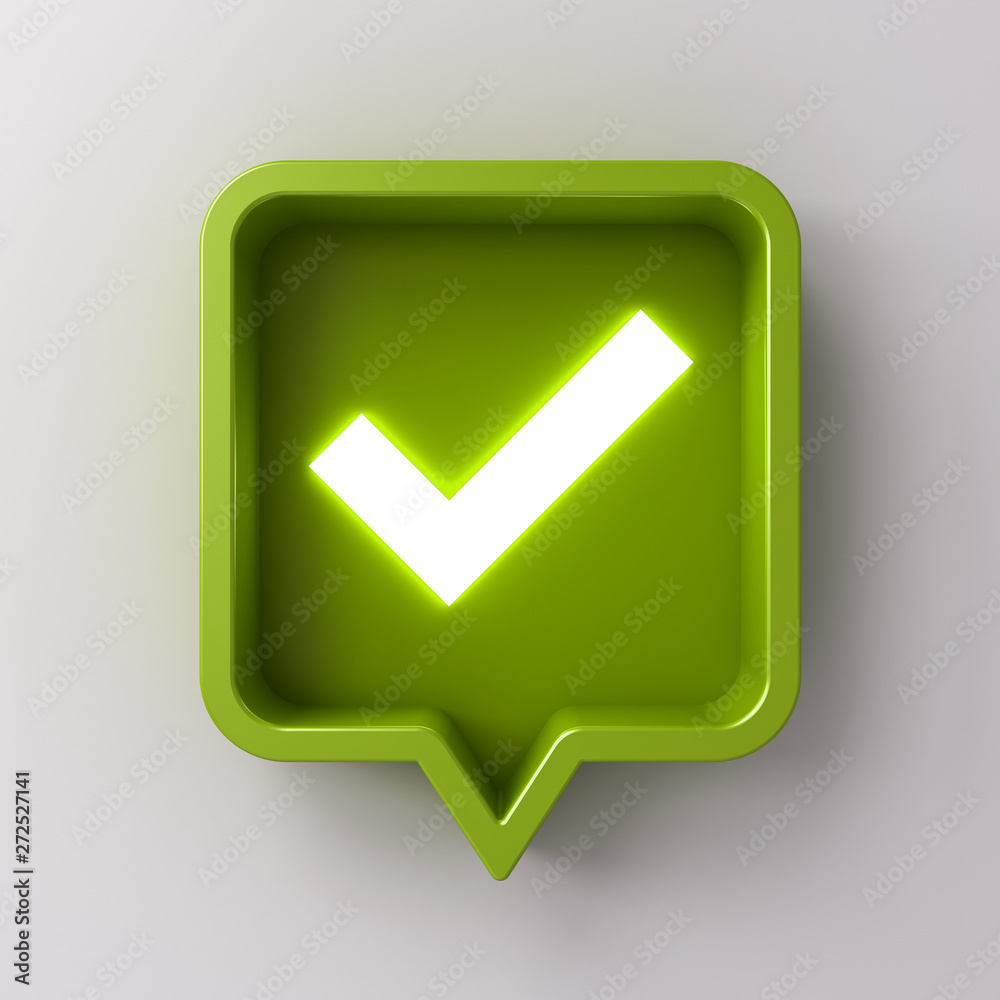 3d social media notification neon light check mark icon in green ...