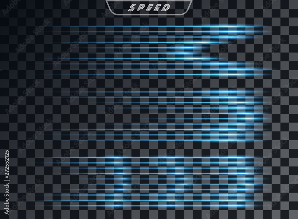 Light horizontal blue, transparent speed lines effect, on black ...