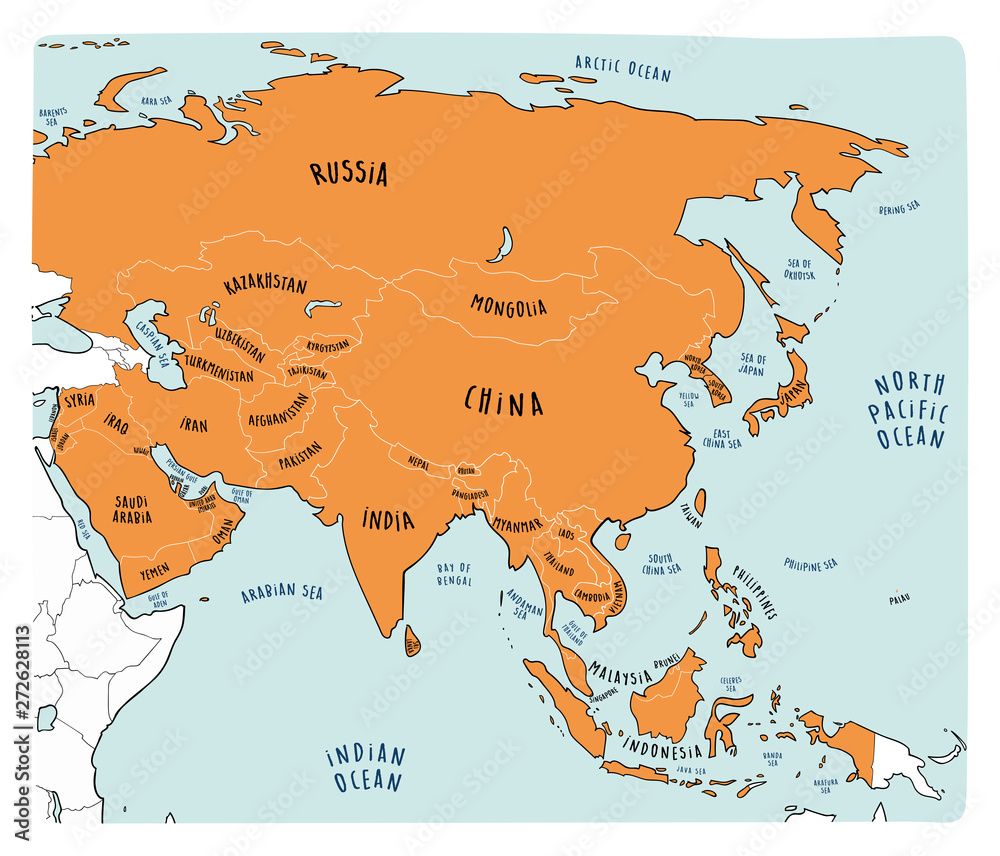 Colorful hand drawn political map of Asia. Stock Vector | Adobe Stock