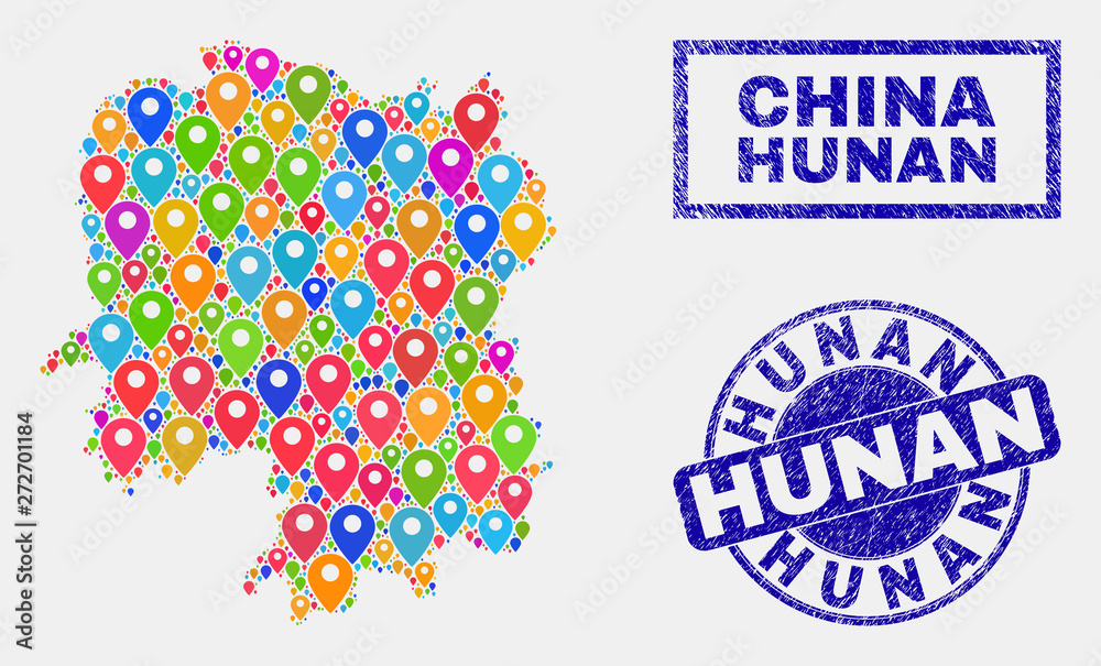 Vector bright mosaic Hunan Province map and grunge stamps. Abstract ...